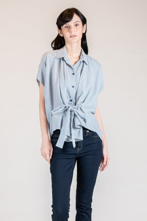 LANGKAWI Drawstring Waist Top (Blue Pinstripes) - HEMLOCK CLOTHING